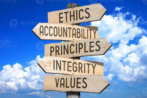 Ethics Accountability Principles Integrity Values Wooden Signpost
