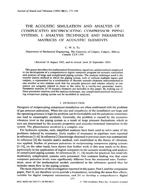 Acoustic Simulation And Analysis Of Reciprocating Compressor Piping Systems I Pdf Matrix