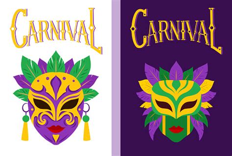 플랫 가장 무도회 마스크와 레터링이 있는 벡터 포스터 세트 마디 그라 카드 컬렉션 축제 배너 서예 카니발 Mardi Gras에 대한 스톡 벡터 아트 및 기타 이미지 Istock