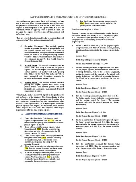 Sap Functionality For Accounting Of Prepaid Expenses Pdf Debits And Credits Deferral