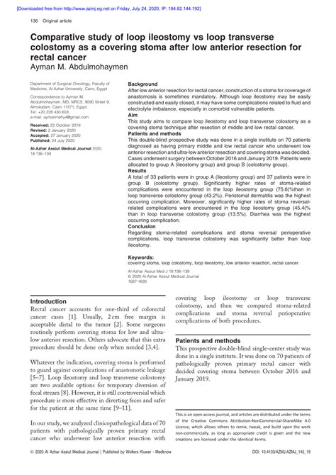 Pdf Comparative Study Of Loop Ileostomy Vs Loop Transverse Colostomy