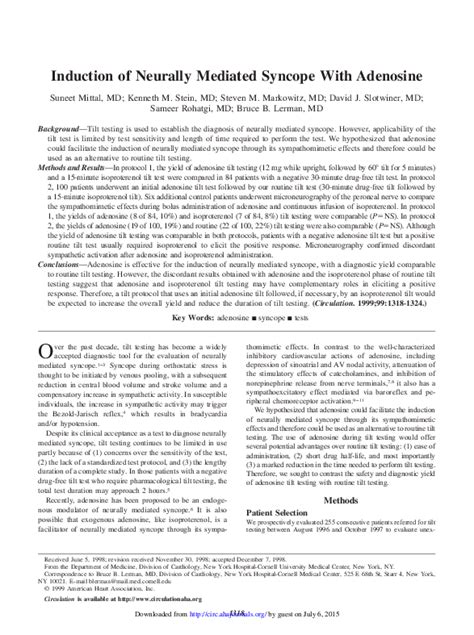 Pdf Induction Of Neurally Mediated Syncope With Adenosine