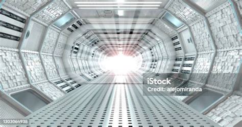 터널 끝에 흰색 빛이있는 우주선의 긴 복도 의 내부의 전망 3d 일러스트레이션 실내에 대한 스톡 사진 및 기타 이미지 실내