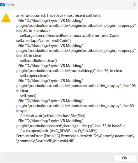 Mo2 Permission Errors And Traceback Errors After Running Skyrim Vr Game Rwabbajack