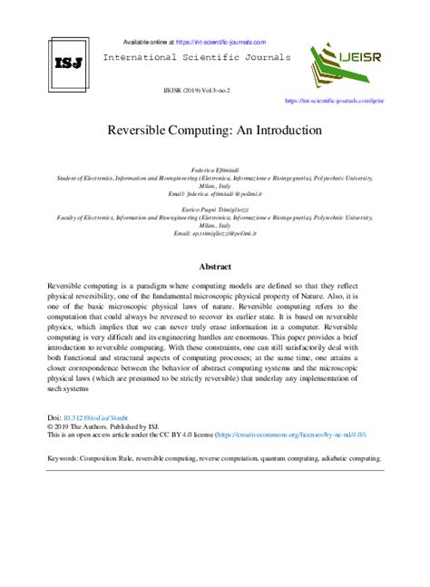 Pdf Reversible Computing An Introduction