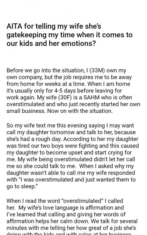 Aita For Telling My Wife Shes Gatekeeping My Time