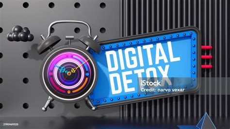 알람 시계 다채로운 나선형 얼굴 파란색 네온 사인 및 구멍이 뚫린 금속 배경이 있는 디지털 디톡스 개념 생생한 색상의 미래 지향적인 고대비 디자인 3d 렌더링 0명에 대한