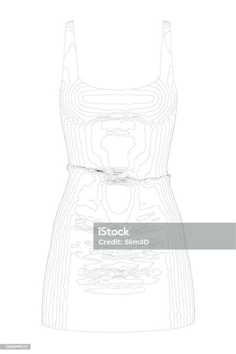 흰색 배경에 검은 색 라인으로 만든 장착 된 짧은 드레스의 와이어 프레임 전면 보기입니다 3d 벡터 일러스트레이션 드레스에 대한 스톡 벡터 아트 및 기타 이미지 Istock