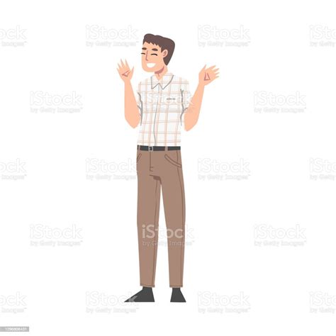 기쁨남성 캐릭터 손을 흔들고 기쁨과 흥분 전체 길이 벡터 일러스트와 미소 개념에 대한 스톡 벡터 아트 및 기타 이미지 개념 긍정적인 감정 표현 남자 Istock