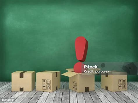 나무 바닥에 느낌표가있는 골판지 상자 칠판 배경 3d 렌더링 3차원 형태에 대한 스톡 사진 및 기타 이미지 3차원 형태 가정의 방 갈색 Istock