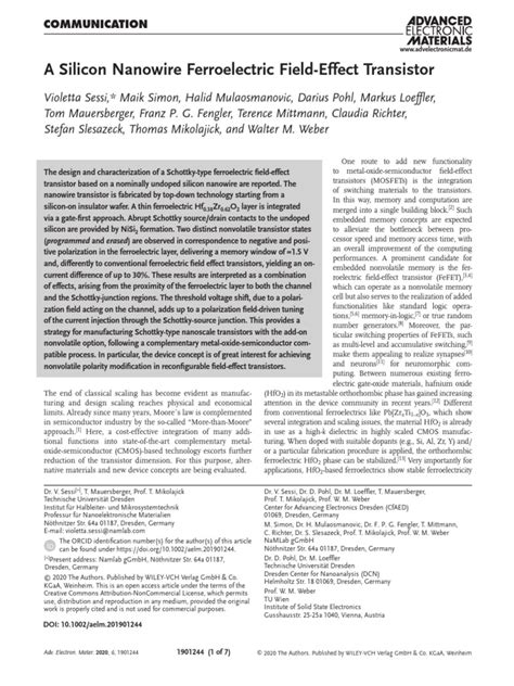 A Silicon Nanowire Ferroelectric Field Effect Tran Pdf Field Effect Transistor Transistor