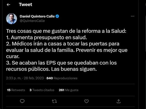Daniel Quintero Y Su Respaldo A La Reforma A La Salud “acaban Las Eps Que Se Quedaban Con Los