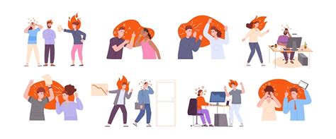 직장에 화난 동료 성가심은 미친 직장 사무실 갈등을 강조하고 상사를 외치는 직원들을 외치고 공격적인 고용주는 나쁜 관계를 과로하고 화려한 벡터 삽화를 강조합니다 감정에 대한