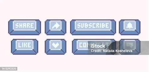 소셜 미디어 배너 픽셀 아트 세트 좋아요 구독 댓글 공유 버튼 컬렉션 8 비트 스프라이트 픽셀 아트에 대한 스톡 벡터 아트 및 기타 이미지 Istock