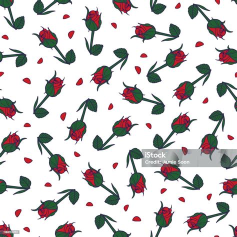 벡터 빨간 단일 장미 줄기 다시 흩어져 꽃잎 흰색 배경 원활한 패턴 직물 스크랩북 및 벽지 프로젝트에 적합합니다 0명에 대한 스톡 벡터 아트 및 기타 이미지 Istock