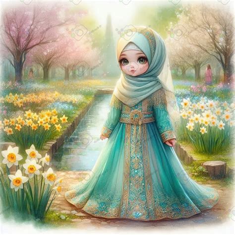 بک گراند کودکانه دختر کوچولوی ناز با حجاب ایستاده کنار جوی آب در باغ نرگس کد 42778 ویژه عکس گراف