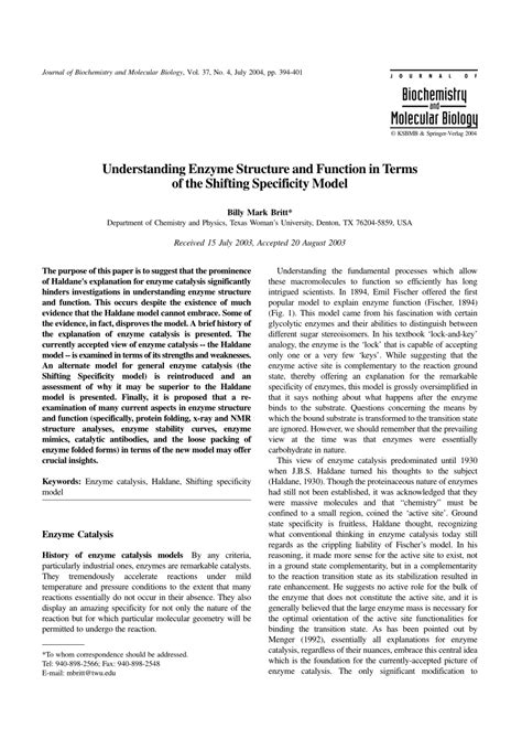 Pdf Understanding Enzyme Structure And Function In Terms Of The Shifting Specificity Model