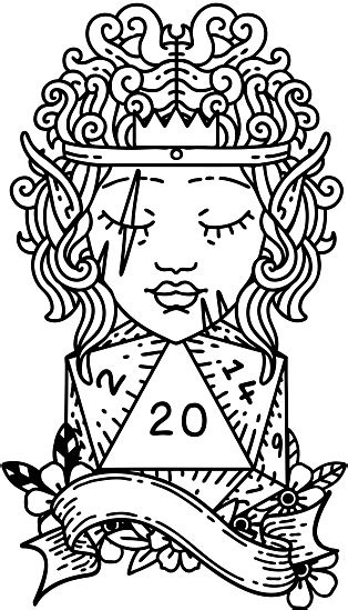 흑백 문신 라인 워크 스타일 엘프 야만인 캐릭터와 자연스러운 20 주사위 롤 검은색에 대한 스톡 벡터 아트 및 기타 이미지