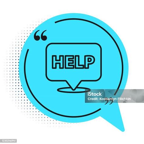 흰색 배경에 격리 된 텍스트 도움말 아이콘이있는 검은 색 선 음성 풍선입니다 파란색 음성 풍선 기호입니다 벡터 일러스트레이션 0명에 대한 스톡 벡터 아트 및 기타 이미지