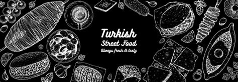 터키 음식 상위 뷰 벡터 그림입니다 음식 메뉴 디자인 서식 파일입니다 손으로 그린 스케치 터키 음식 메뉴 빈티지 스타일 코코레츠 카트머 피데 카그 케밥 도너 케밥 고즐레메
