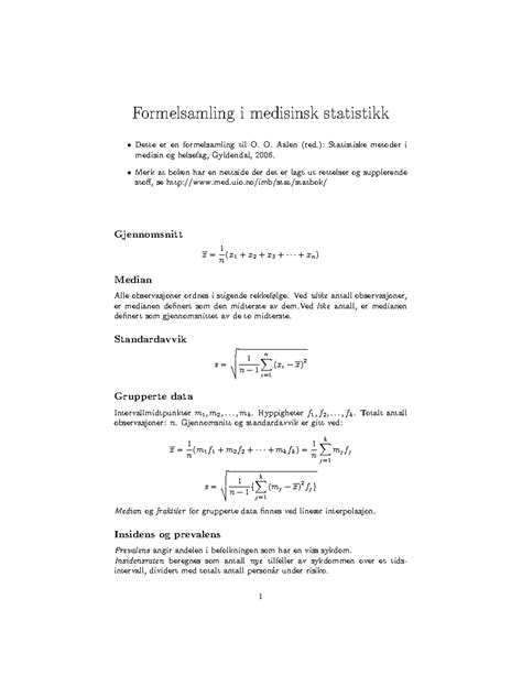 Formelsamling 2021 Formelark Formelsamling I Medisinsk Statistikk