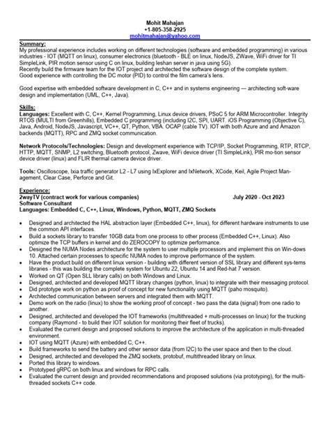 Mohit Mahajan Embedded Programmer Resume Pdf Kernel Operating System Embedded System