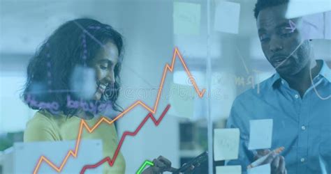 Animation Of Data Processing Against Diverse Man And Woman Discussing Over Memo Notes At Office