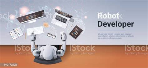 Robot Developer At Workplace Web Site Design Development Program Coding Concept Top Angle