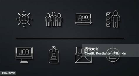 라인 멀티태스킹 관리자 작업 검색 작업 이력서 식별 배지 프로젝트 팀 기반 헤드 헌팅 및 아이콘을 설정합니다 벡터 가공의 인물에 대한 스톡 벡터 아트 및 기타 이미지