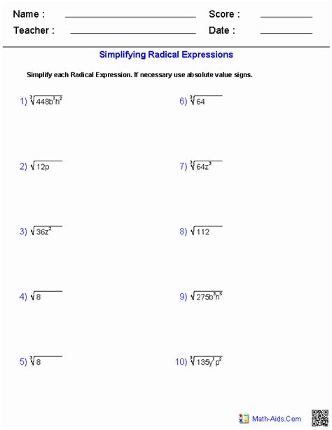 Simplify Square Root Worksheet Luxury Algebra 1 Worksheets Chessmuseum Template Library