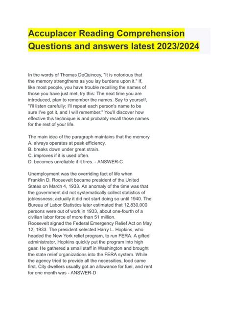 Accuplacer Reading Comprehension Questions And Answers Latest 2023 2024 Accuplacer Reading