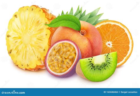 Composition With Mix Of Whole And Cutted Tropical Fruits Isolated On A