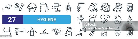 세정 화장품 거품 병원균 치실 건조기 스크럽 모바일 앱용 제모기 벡터 아이콘 웹 디자인과 같은 27개의 가는 선 위생 아이콘 세트 0명에 대한 스톡 벡터 아트 및 기타