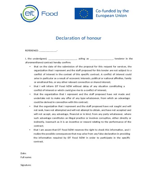 Declaration Of Honor Template Doc Template Pdffiller