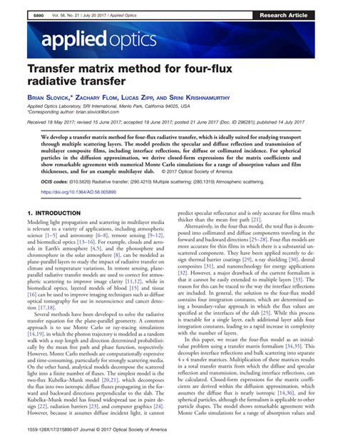 Pdf Transfer Matrix Method For Four Flux Radiative Transfer