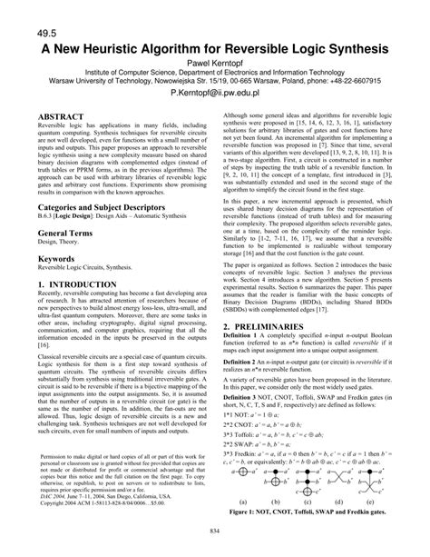 pdf a new heuristic algorithm for reversible logic synthesis