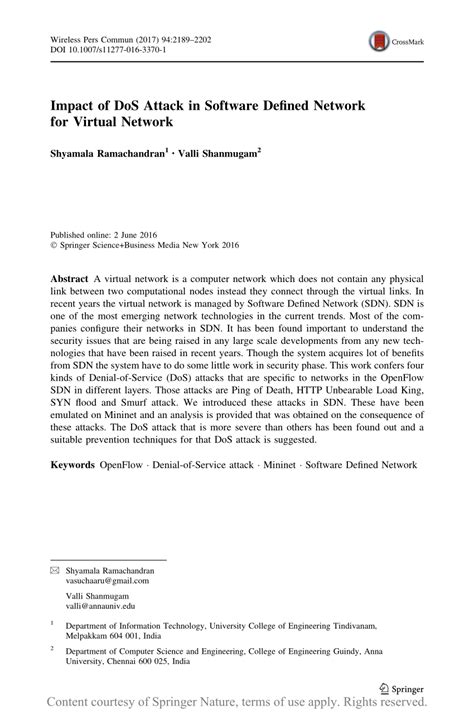 Impact Of Dos Attack In Software Defined Network For Virtual Network Request Pdf