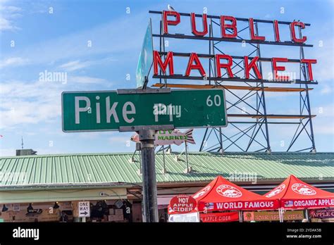 Seattle Washington Usa September 19 2024 Pike Place Street Name Sign In Green With The Red