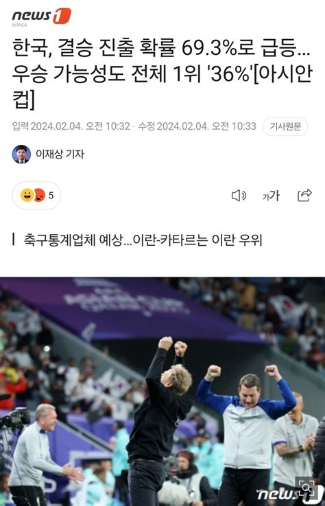 옵타 아시안컵 우승확률 1위 등극 유머움짤이슈 에펨코리아