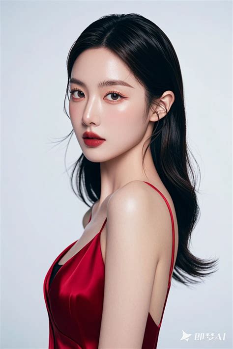 摄影人像，御姐写真，向右歪头，手扶眼，肤白透亮，标准正面半身证件照，五官立体，不要碎发，正面照，头上留2厘米空白，高级精致五官，淡妆，东方面孔的美女，轮廓清晰，红 3 花瓣网