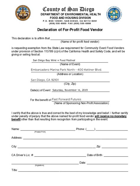 Fillable Online Declaration Of For Profit Food Vendor Fax Email Print Pdffiller