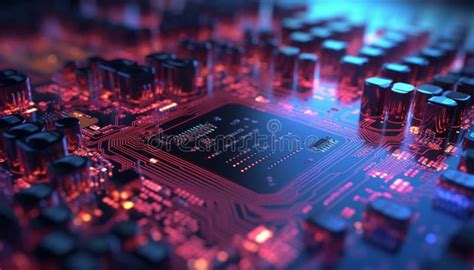 Complex Computer Circuit Board With Glowing Semiconductors And Capacitors Generated By Ai Stock