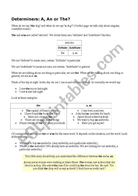 English Worksheets Article Determiners