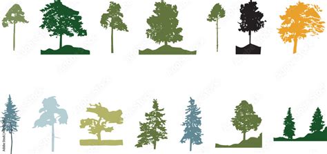 Silhouette Tree Line Drawing Set Side View Set Of Graphics Trees Elements Outline Symbol For