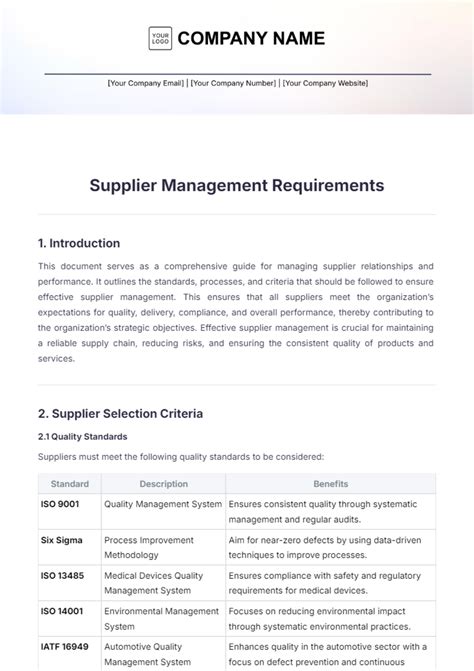 Free Supplier Management Requirements Template To Edit Online