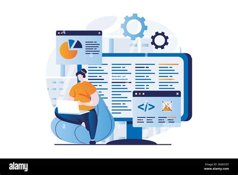 Concepto De Desarrollo De Software Con La Escena De La Gente En Diseño De Dibujos Animados