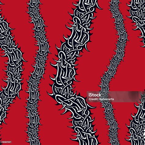 공포 예술 스타일 원활한 패턴 벡터 배경 가시가 있는 검은가시 가지는 세련된 끝없는 일러스트레이션입니다 하드 록 과 헤비 메탈 하위 문화 음악 섬유 패션 세련된 디자인