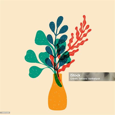 꽃병에 꽃입니다 다채로운 귀여운 스크린 인쇄 효과 레트로 프린트 효과 벡터 그림입니다 직물 섬유 의류 포장지 벽지 포스터를 위한 그래픽 요소 0명에 대한 스톡 벡터 아트 및