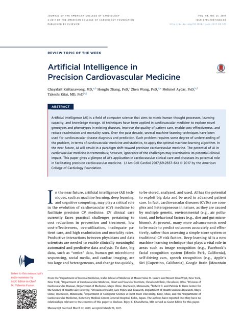 Pdf Artificial Intelligence In Precision Cardiovascular Medicine