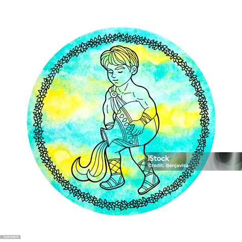 물병자리 점성술 점성술 별자리 기호 로고 아이콘 디자인 에어 엘리먼트 컬러 아트 배경 수채화 만화 그림 그림 남성에 대한 스톡